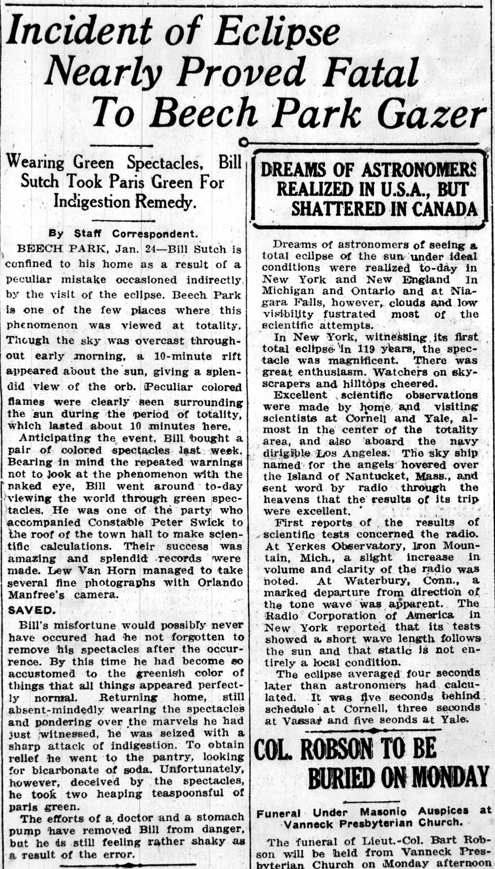 The Total Solar Eclipse of 1925-01-24, seen from London, Ontario, Canada